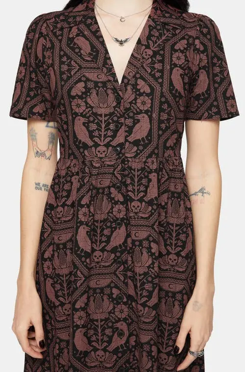 DISTURBIA Raven Print Midi Shirt Dress
