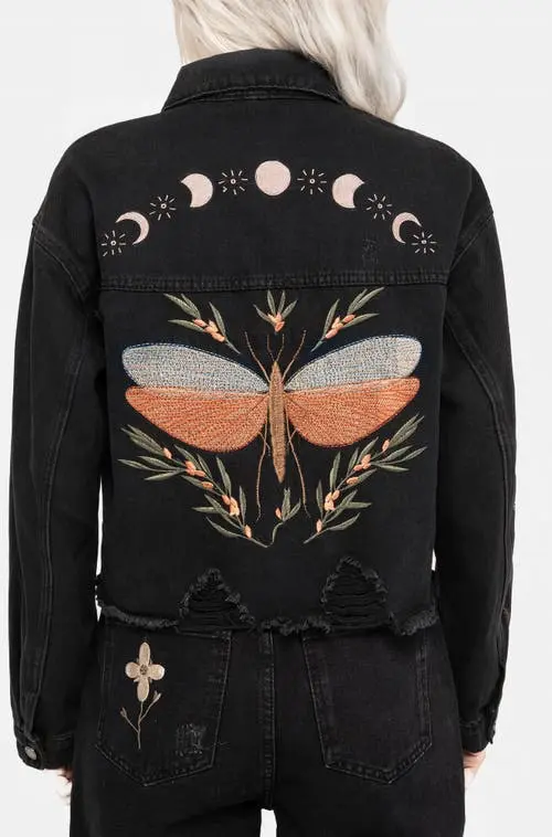 DISTURBIA Griffin Fly Embroidered Distressed Denim Jacket