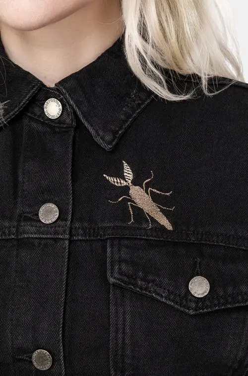 DISTURBIA Griffin Fly Embroidered Distressed Denim Jacket