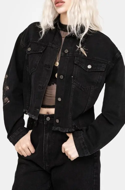DISTURBIA Griffin Fly Embroidered Distressed Denim Jacket