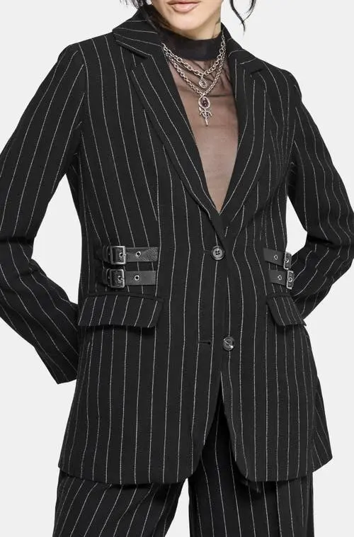 DISTURBIA Charli Pinstripe Buckle Oversized Blazer