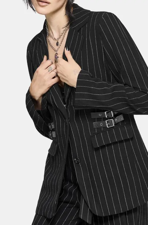 DISTURBIA Charli Pinstripe Buckle Oversized Blazer