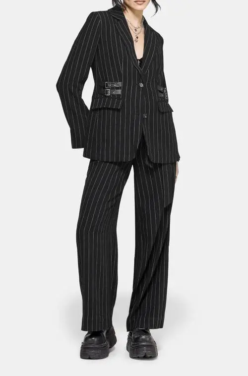 DISTURBIA Charli Pinstripe Buckle Oversized Blazer