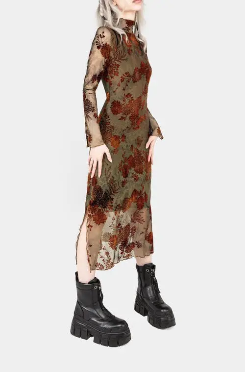 DISTURBIA Rosaleigh Flock Velour Mesh Midaxi Dress