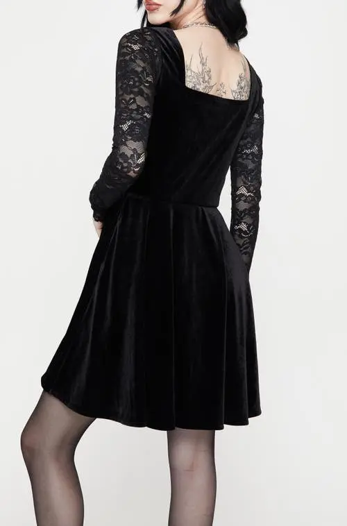 DISTURBIA Square Neck Lace Sleeve Fit And Flare Mini Dress