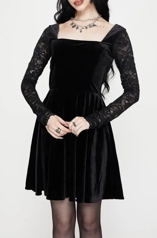 DISTURBIA Square Neck Lace Sleeve Fit And Flare Mini Dress