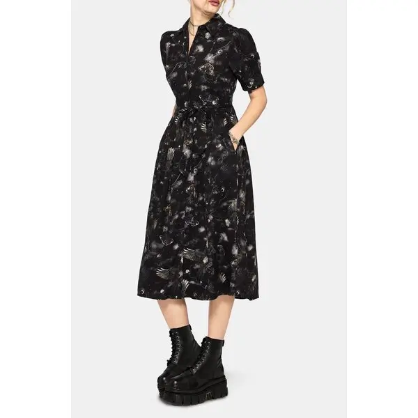 DISTURBIA Crimson Magpie And Moth Midi Shirt Dress - Black