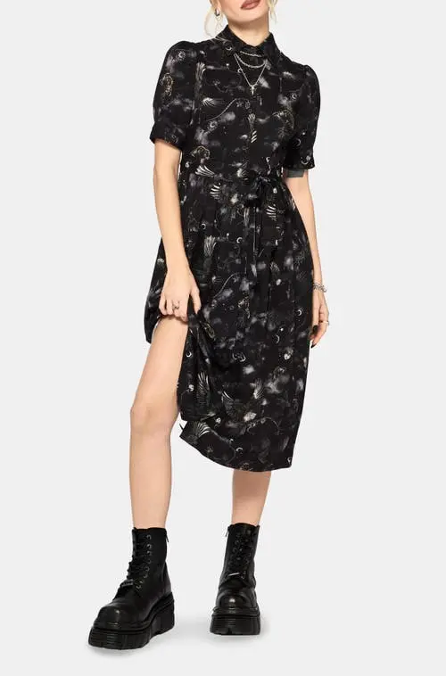 DISTURBIA Crimson Magpie And Moth Midi Shirt Dress