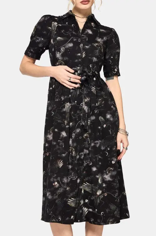 DISTURBIA Crimson Magpie And Moth Midi Shirt Dress