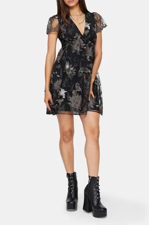 DISTURBIA Estrid Embroidered Mini Dress With Sheer Cap Sleeves - Black