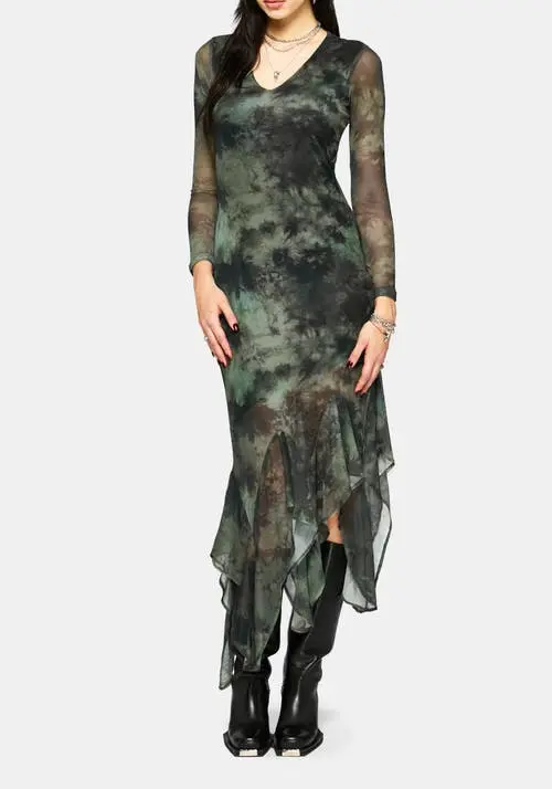 DISTURBIA Nova Mesh Long Sleeve Tie Dye Maxi Dress