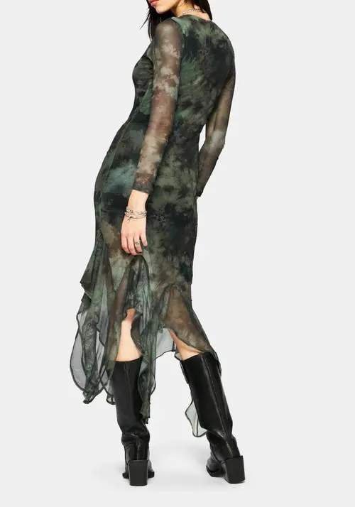 DISTURBIA Nova Mesh Long Sleeve Tie Dye Maxi Dress