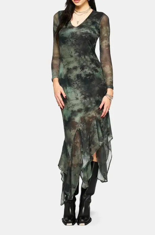 DISTURBIA Nova Mesh Long Sleeve Maxi Dress - Green