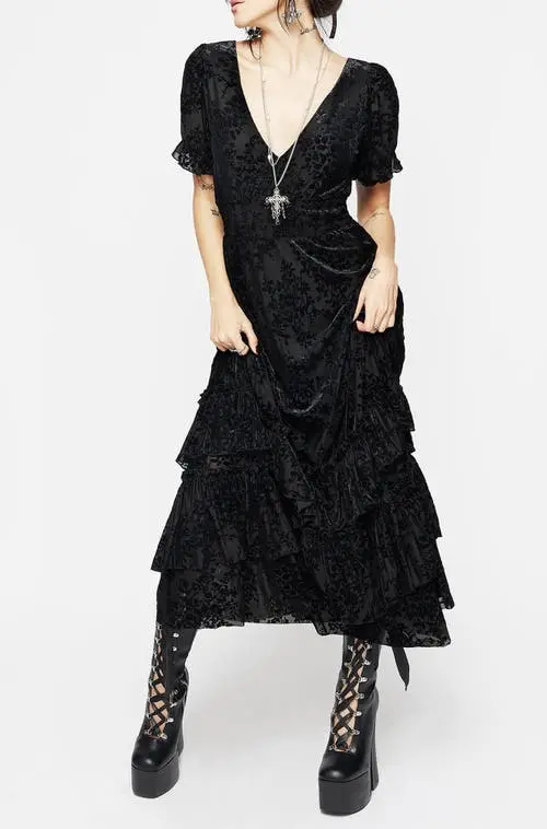 DISTURBIA Lilias Devoré Tiered Maxi Dress