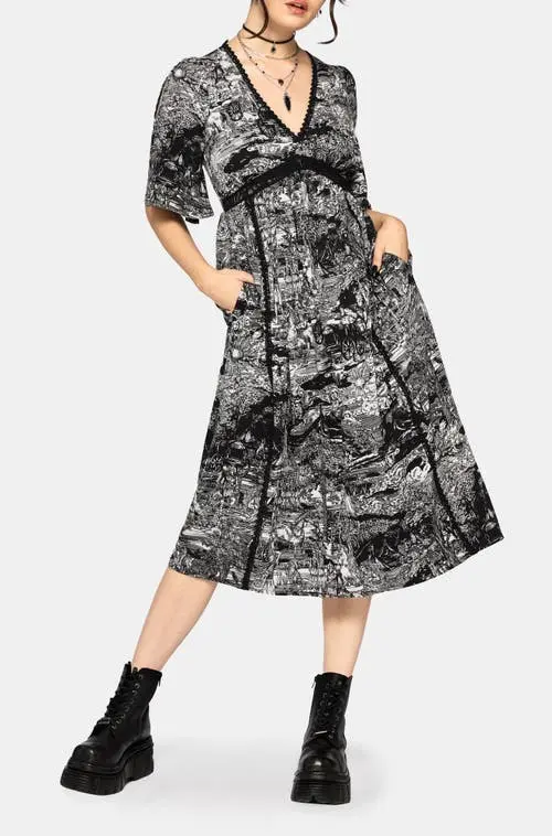 DISTURBIA Nara Boudicca Printed V-neck Midi Dress