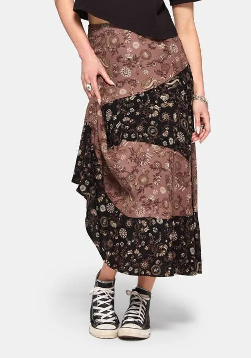DISTURBIA Sylra Ditsy Folk Spliced Midi Skirt