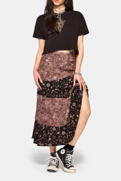 DISTURBIA Sylra Ditsy Folk Spliced Midi Skirt