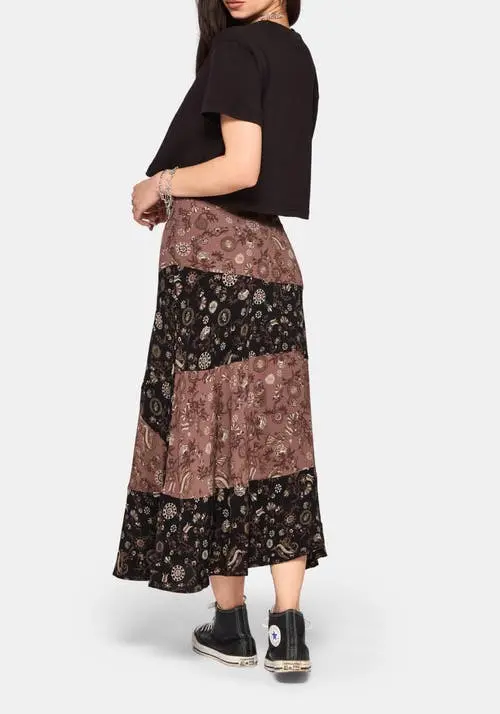 DISTURBIA Sylra Ditsy Folk Spliced Midi Skirt