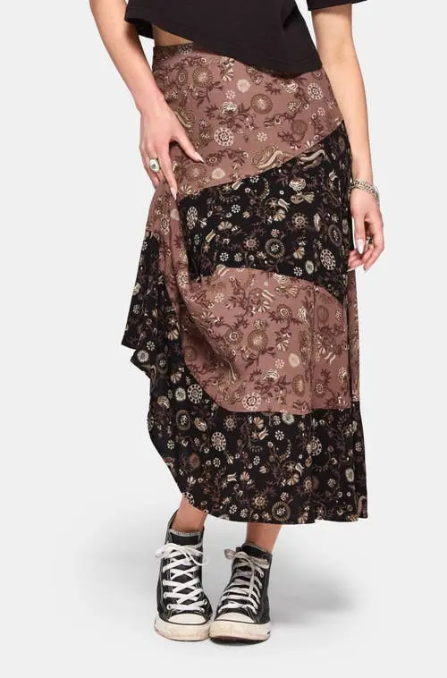DISTURBIA Sylra Ditsy Folk Spliced Midi Skirt