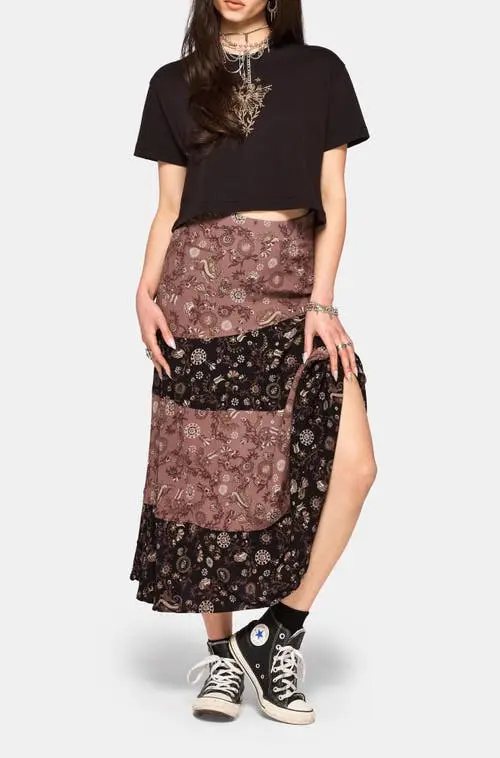 DISTURBIA Sylra Ditsy Folk Spliced Midi Skirt