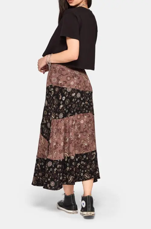 DISTURBIA Sylra Ditsy Folk Spliced Midi Skirt