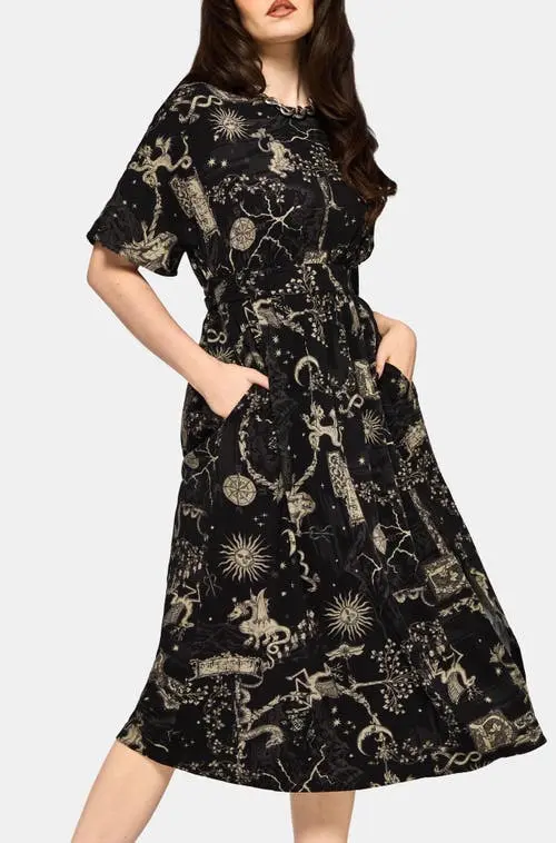 DISTURBIA Isolde Medieval Map Tie-back Midi Dress