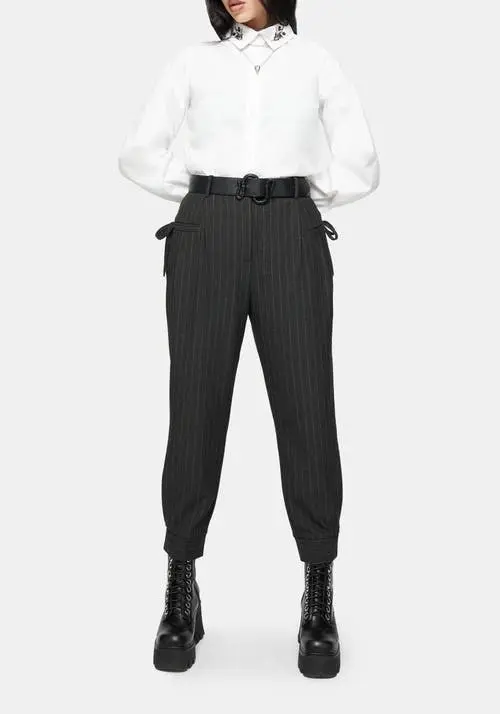 DISTURBIA Sabrina Pinstripe Bow Detail Trouser - Black