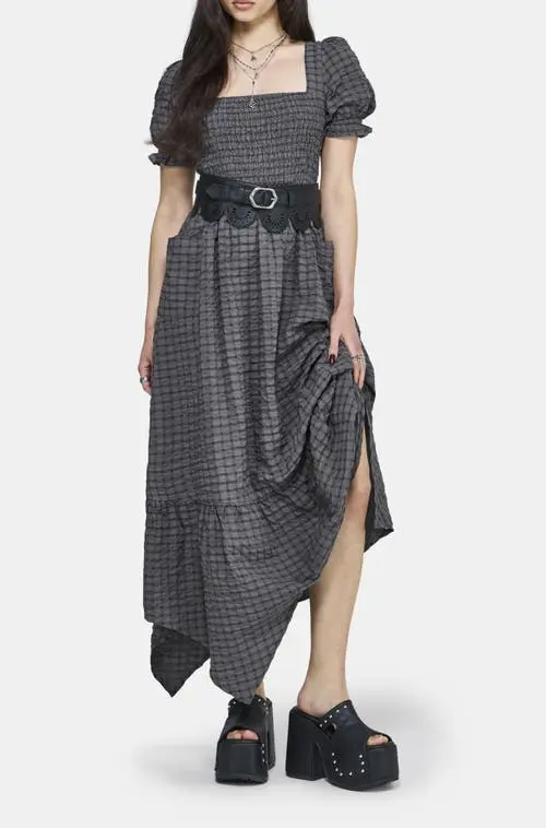 DISTURBIA Nimira Checked Handkerchief Hem Midi Dress