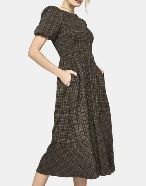 DISTURBIA Rhiannon Check Shirred Bodice Midi Dress