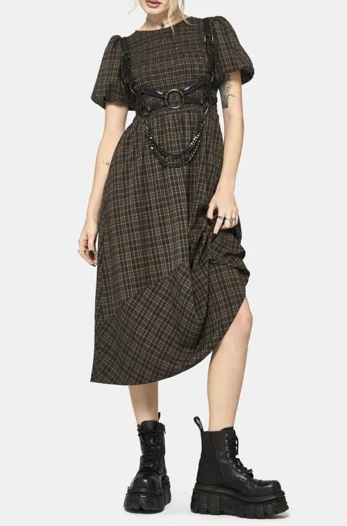 DISTURBIA Rhiannon Check Shirred Bodice Midi Dress