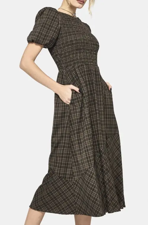 DISTURBIA Rhiannon Check Shirred Bodice Midi Dress