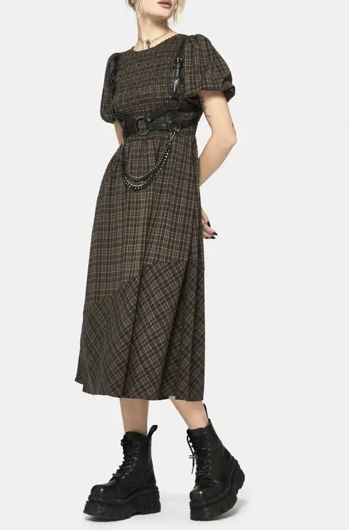 DISTURBIA Rhiannon Check Shirred Bodice Midi Dress