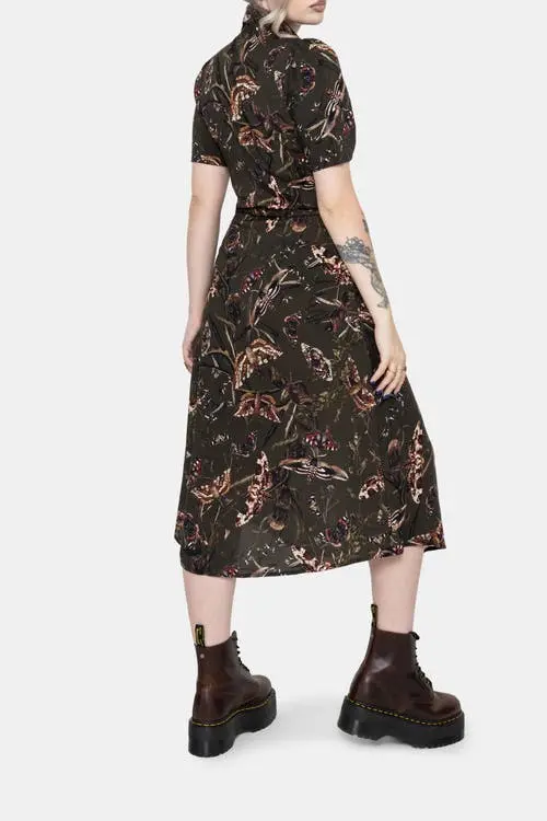 DISTURBIA Whispen Moth Print Midi Shirt Dress