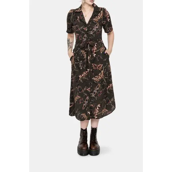 DISTURBIA Whispen Moth Print Midi Shirt Dress