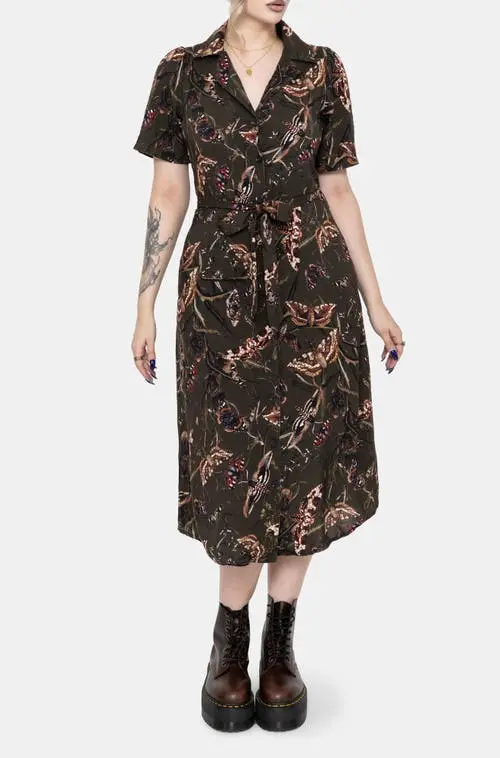 DISTURBIA Whispen Moth Print Midi Shirt Dress