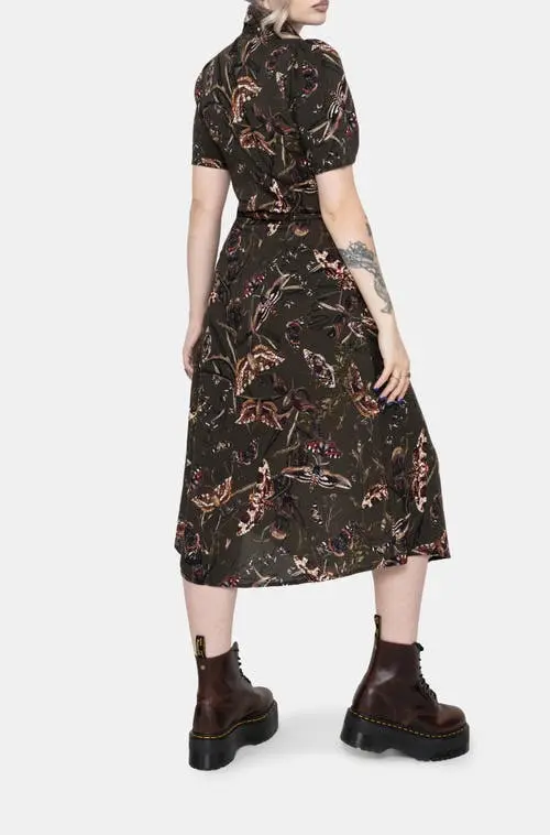 DISTURBIA Whispen Moth Print Midi Shirt Dress