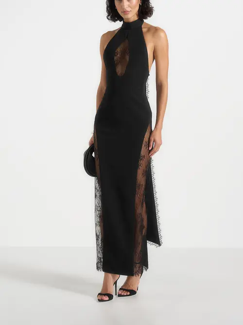 Manière De Voir Jessica Contour Lace Halter Drape Neck Maxi Dress - Black