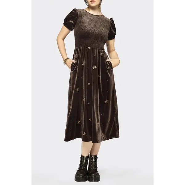 DISTURBIA Seraphine Dragonfly Velour Midi Dress - Brown