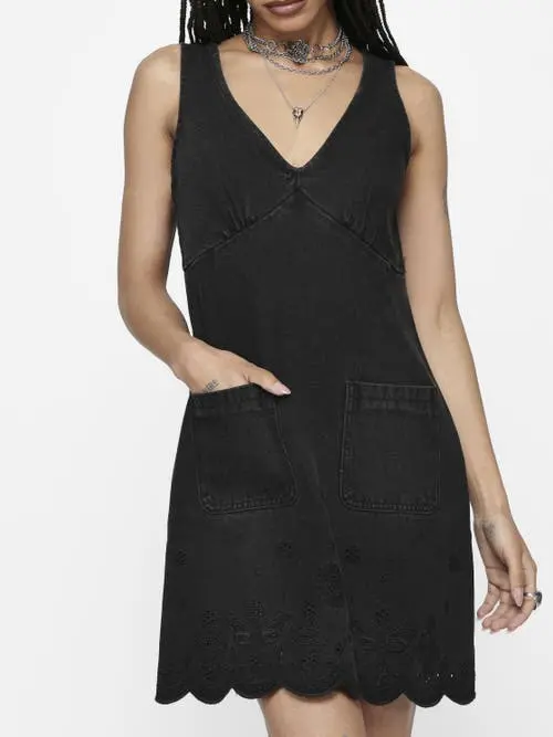 DISTURBIA Ayr Broderie Denim Pinafore Dress - Black