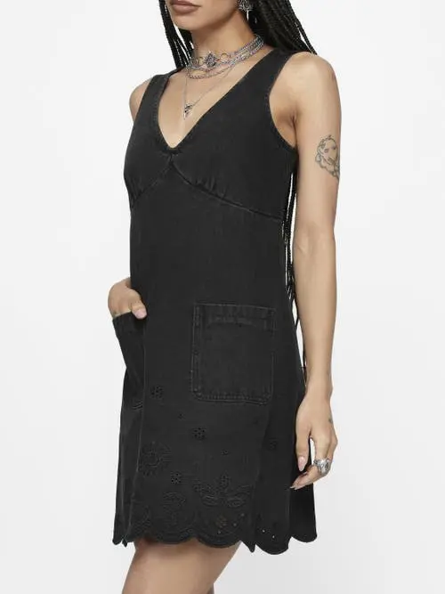 DISTURBIA Ayr Broderie Denim Pinafore Dress