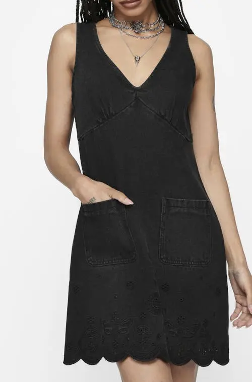 DISTURBIA Embroidered Denim Pinafore Mini Dress - Black