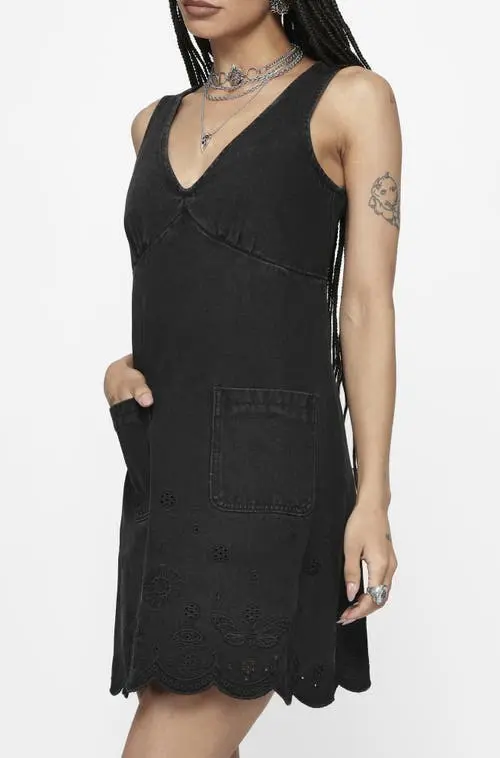 DISTURBIA Embroidered Denim Pinafore Mini Dress