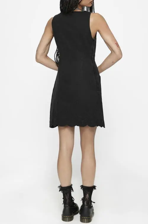 DISTURBIA Embroidered Denim Pinafore Mini Dress