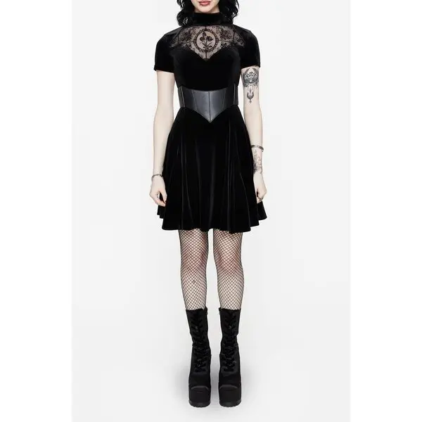 DISTURBIA Cameo High Neck Flocked Mini Dress - Black
