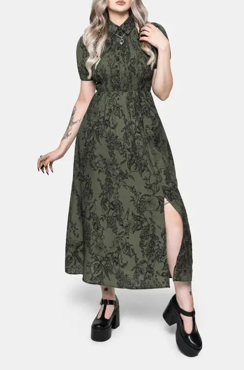 DISTURBIA Orla Foxglove Print Shirred Midaxi Dress