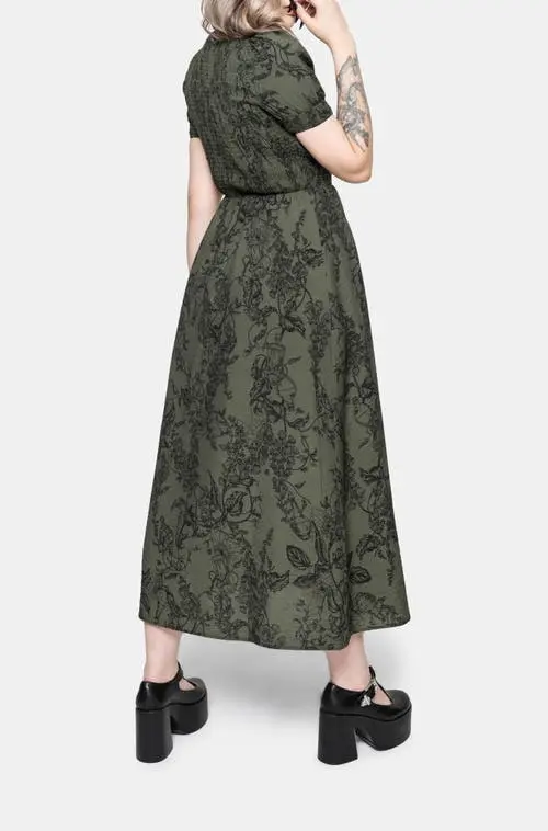 DISTURBIA Orla Foxglove Print Shirred Midaxi Dress