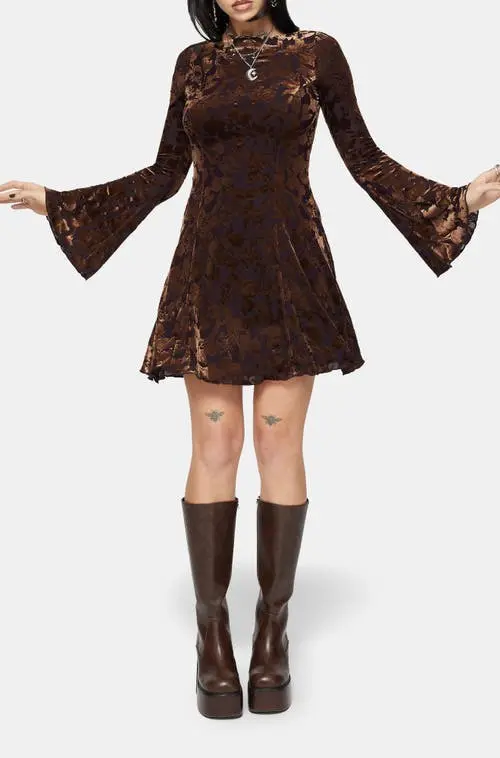 DISTURBIA Sienna Devoré Cowl Mini Dress With Bell Sleeves - Orange