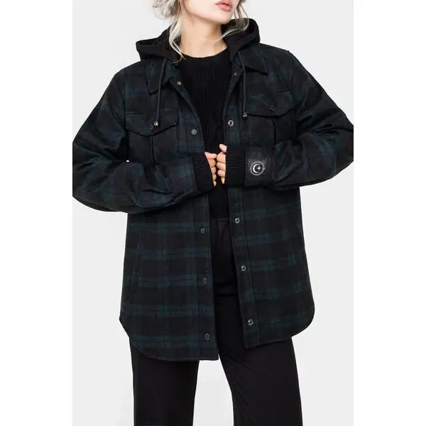 DISTURBIA Trellis Hooded Check Shacket - Black