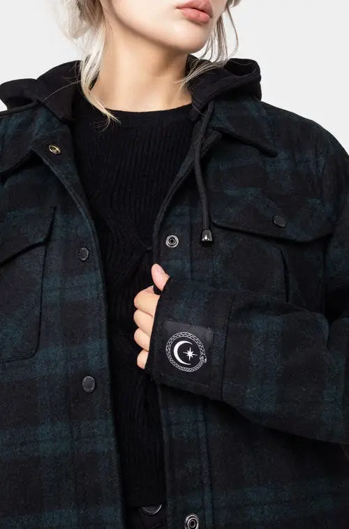 DISTURBIA Trellis Hooded Check Shacket - Black
