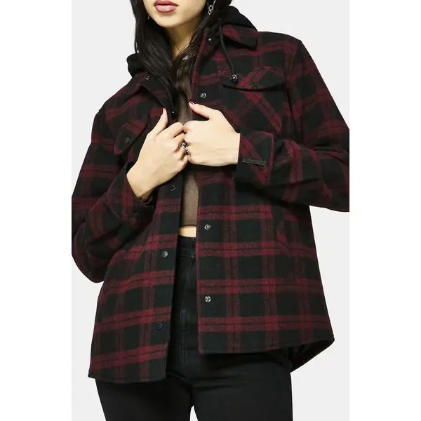 DISTURBIA Hooded Check Shacket - Dark Red